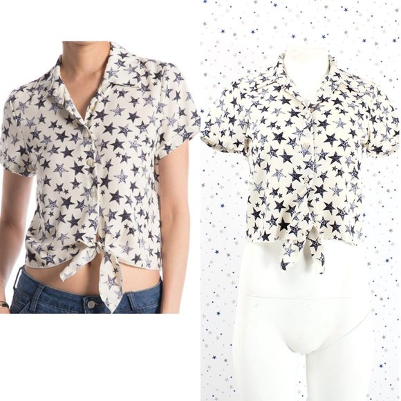 Tops | Star Print Short Sleeve Crop Top Self Tie Button Ivory | Poshmark